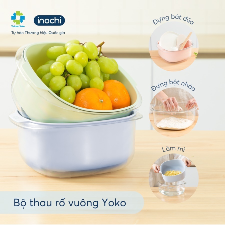 Bộ thau rổ vuông Inochi - Yoko, hai lớp đựng trái cây, rau củ siêu xinh ...