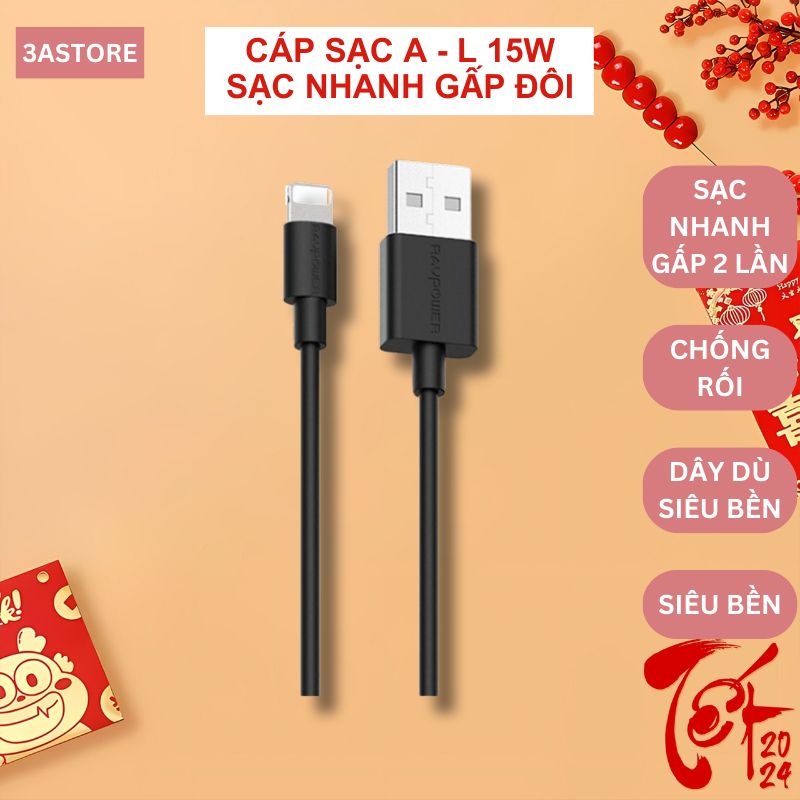 Dây cáp sạc nhanh ip RAVPower Usb to Lighting Chip C89 Bạc cho sạc pin ...