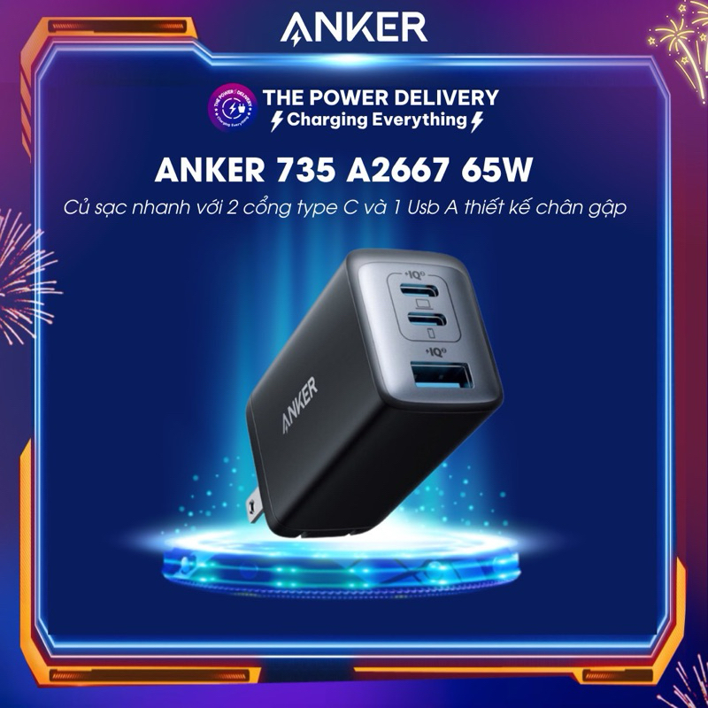 Củ sạc nhanh Anker 735 65w Nano II - A2667 với 2 cổng type C và 1 Usb A thiết kế nhỏ gọn chân ...