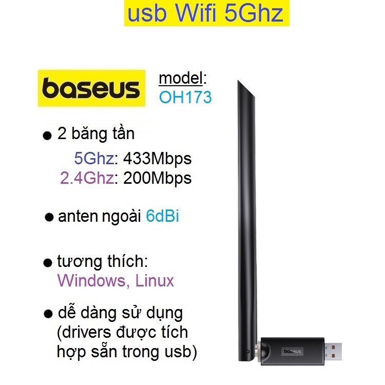 USB thu Wifi 5Ghz tốc độ 650Mbps Baseus FastJoy Series WiFi Adapter (OH173) | Shopee Việt Nam