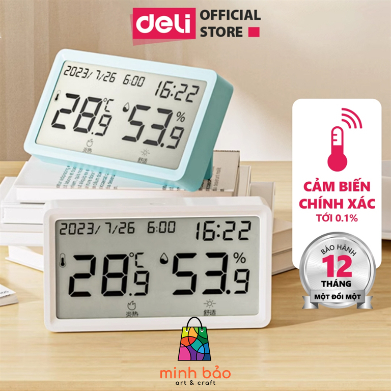 NHIỆT ẨM KẾ, NHIỆT KẾ PHÒNG DELI LE506. TÍCH HỢP ĐỒNG HỒ XEM GIỜ CÓ BÁO ...