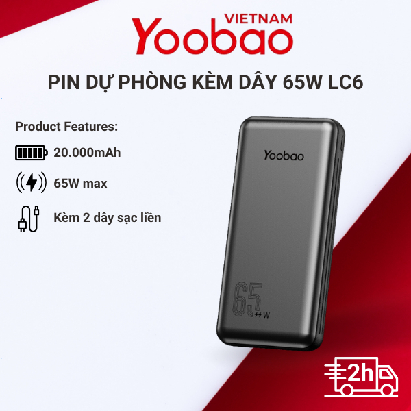 Pin sạc dự phòng 65W 20000mAh LC6 Yoobao có dây liền type C iph dành cho laptop, tablet, điện ...