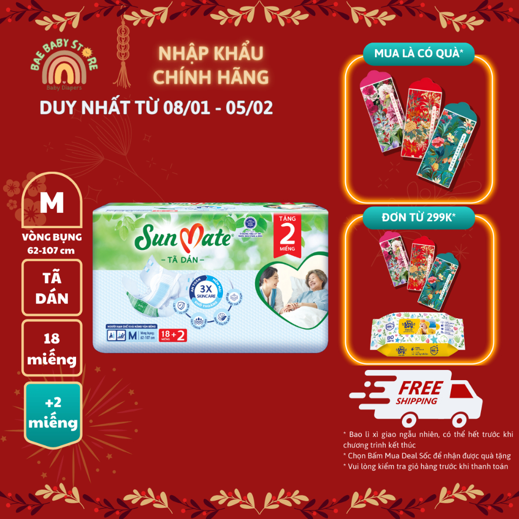 Tã dán người lớn SunMate mới size M18/L18/XL18 + 2 miếng | Shopee Việt Nam