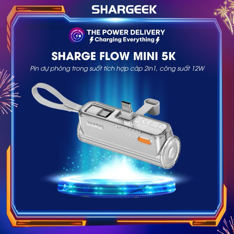 Pin dự phòng trong suốt Sharge Flow Mini 5000mah SP012 tích hợp cáp 2in1, nhỏ gọn, công suất 12W ...