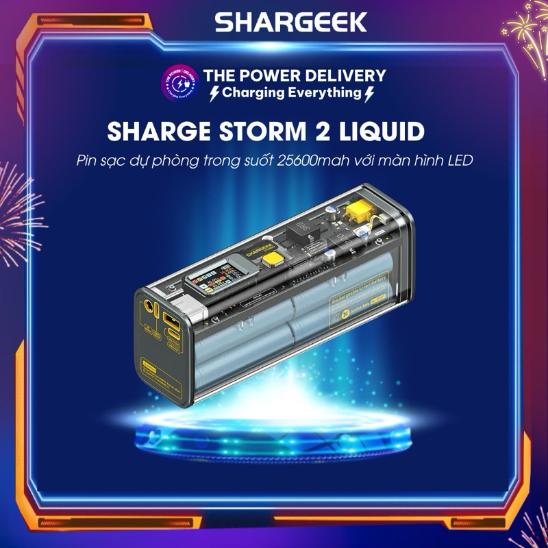 Pin sạc dự phòng trong suốt SHARGE STORM 2 liquid 25600mah hỗ trợ 100w với màn hình LED hiển thị ...