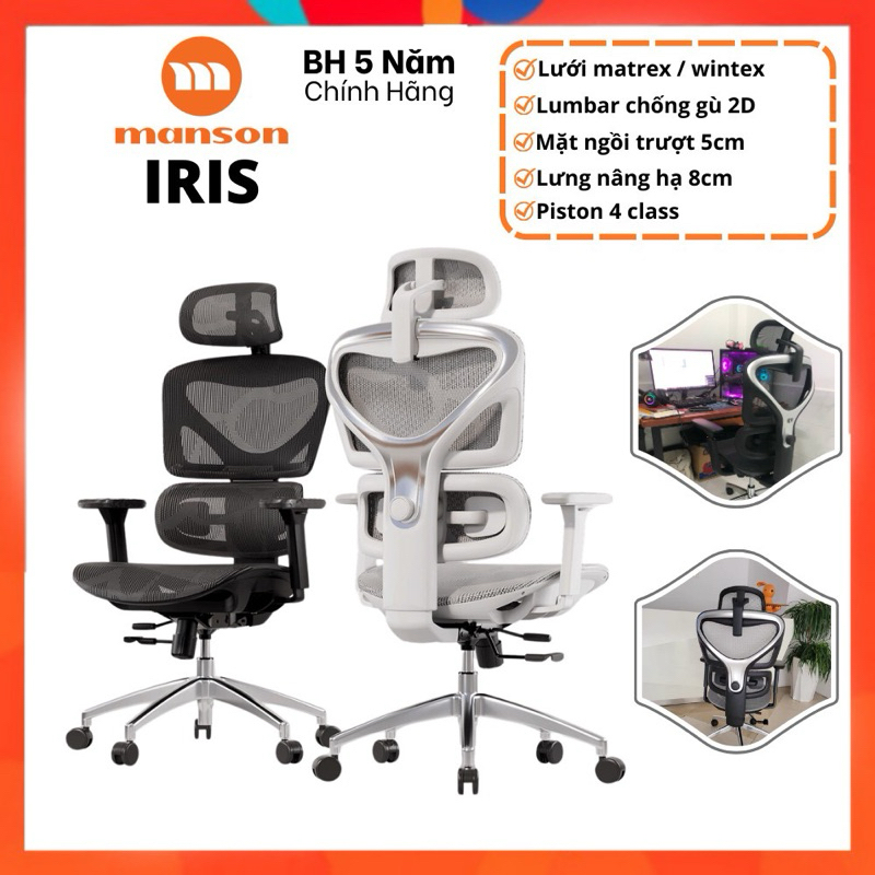 [Hoả tốc 30 phút] Ghế Công Thái Học Manson IRIS Update V2 Đen/Xám, Lumbar Điều Chỉnh Vô Cực ...