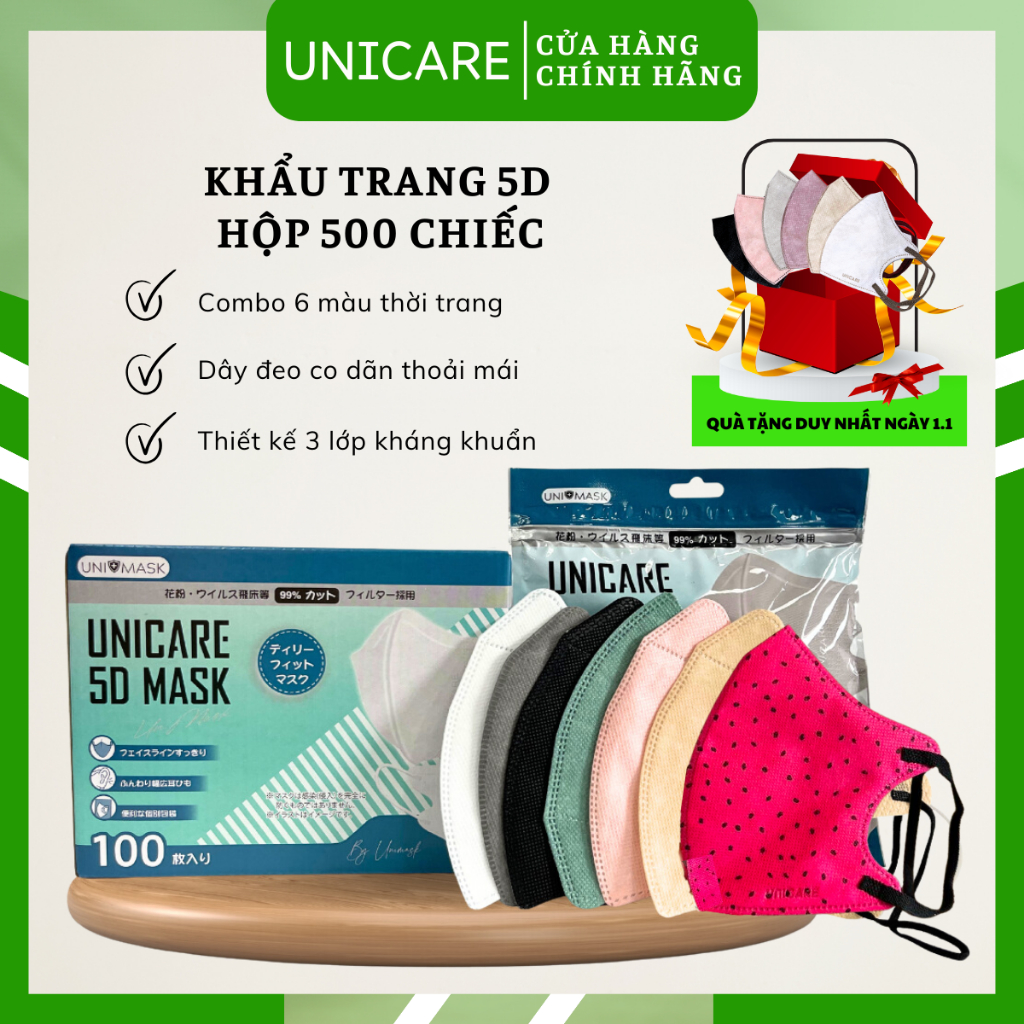 [ Thùng 500C ] Khẩu Trang 5D Unicare 3 Lớp Kháng Khuẩn Chống Bụi Mịn Cản Tia UV chống thấm nước ...