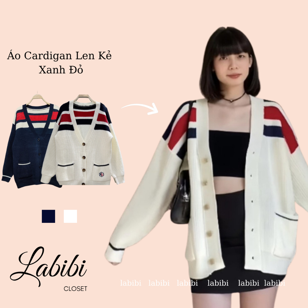 (Bản Mới Len Dày) Áo Khoác Cardigan Len Kẻ Xanh Đỏ Thêu Túi RU Phong Cách Hàn Quốc, Labibi ...