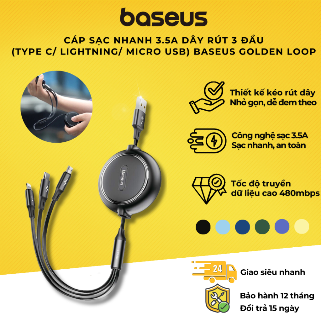 Cáp sạc dây rút 3 đầu Baseus Golden Loop 3 in 1 Elastic (3.5A,Type C/ l.P / Micro USB ...