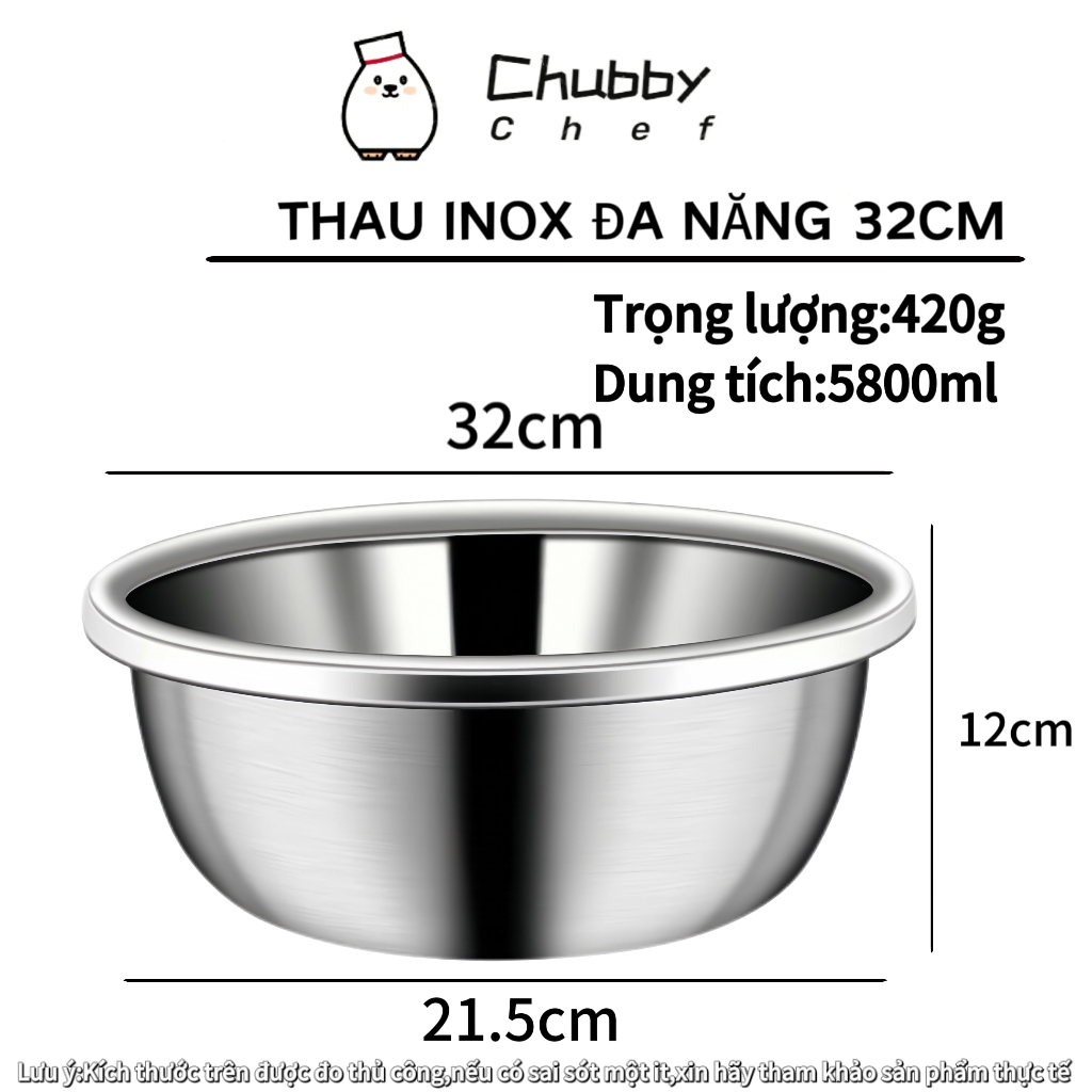 Thau inox đa năng Chubby Chef - Chậu inox cao cấp dày dặn có viền cầm tay đường kính 18-32cm rửa ...