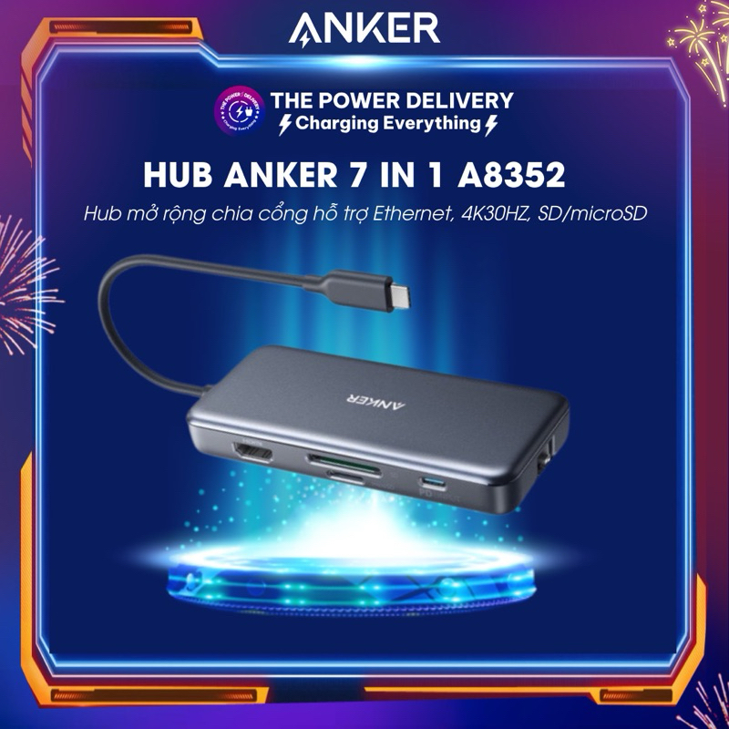 Hub mở rộng chia cổng Anker A8352 c hỗ trợ Ethernet, 4K30HZ, SD/microSD ...