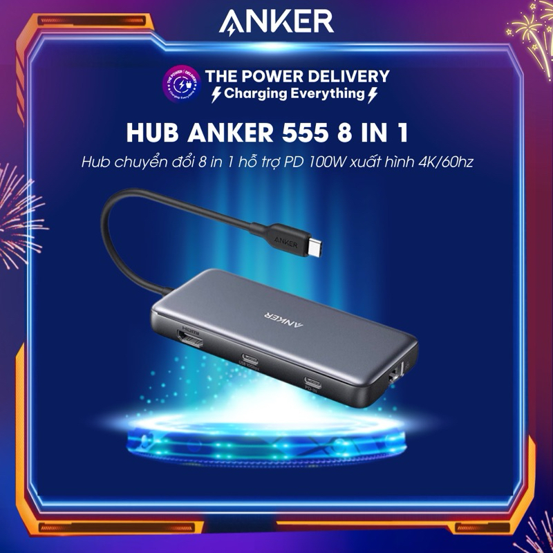 Hub chuyển đổi ANKER 555 USB-C A8383 8 in 1 hỗ trợ PD 100W xuất hình 4K/60hz truyền dữ ...