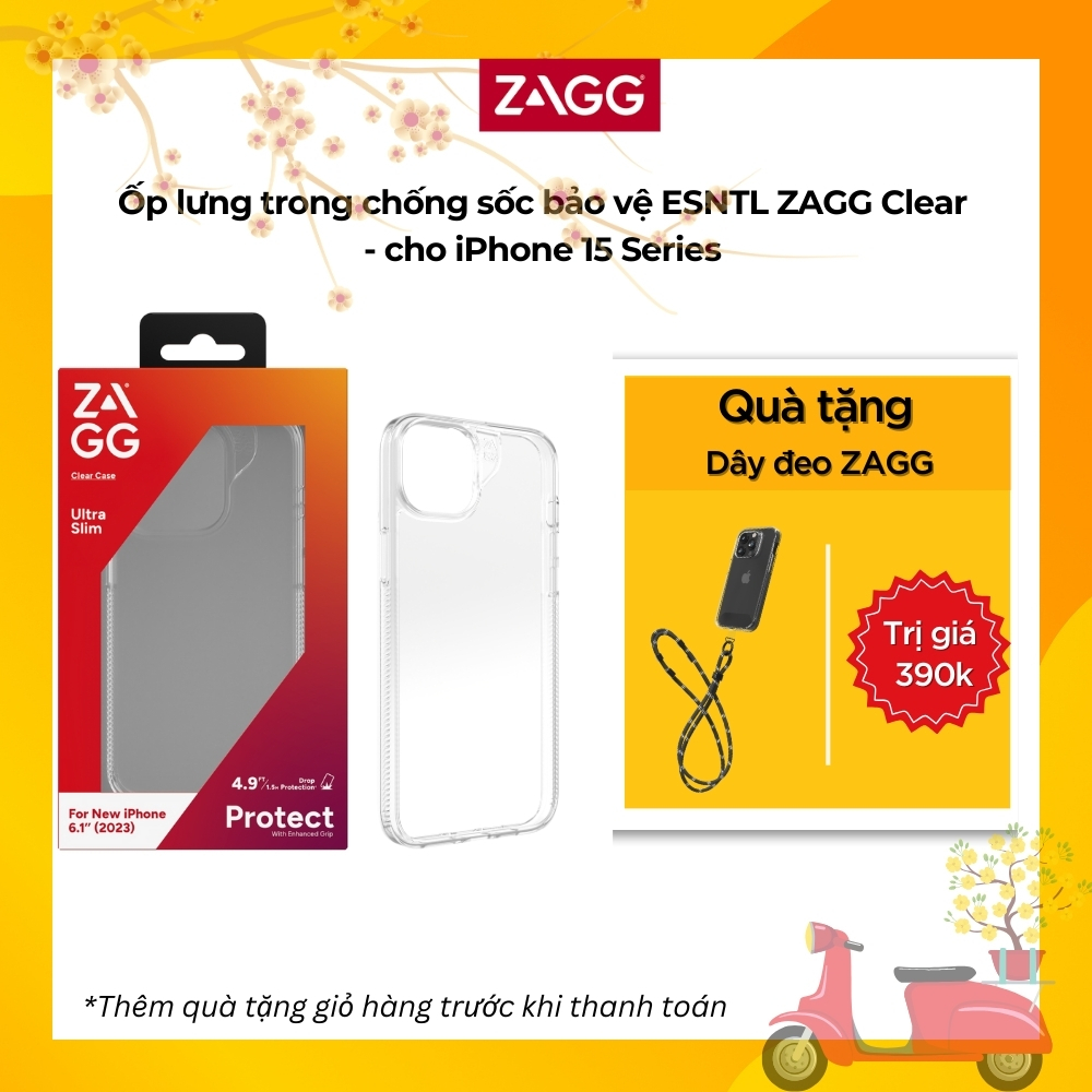 Combo Ốp lưng bảo vệ ZAGG ESNTL Clear cho iPhone 15 và Kính cường lực dán màn hình ZAGG Plus ...