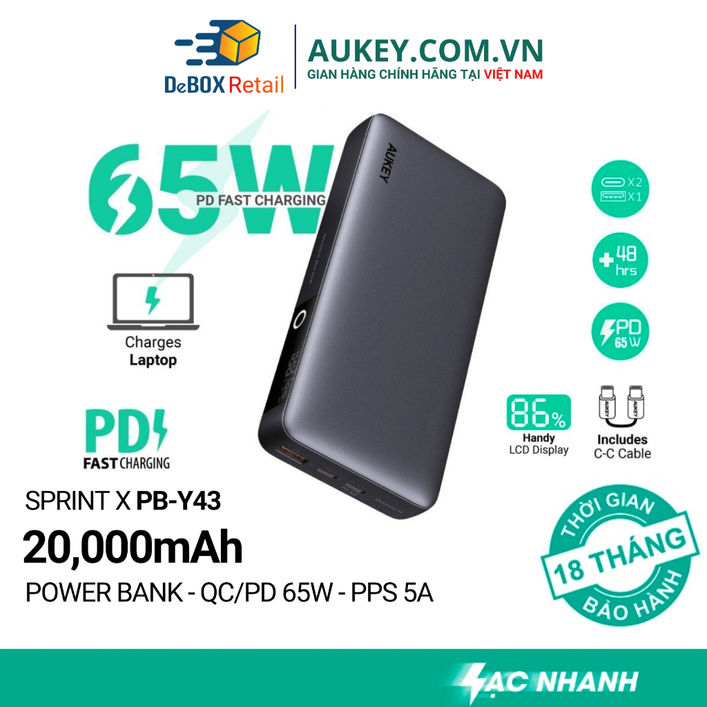 Pin Sạc dự phòng AUKEY PB-Y43 Sprint X 20000mAh 65W Hổ trợ PD/QC 3.0 PPS 5A, LED hiển thị, sạc ...
