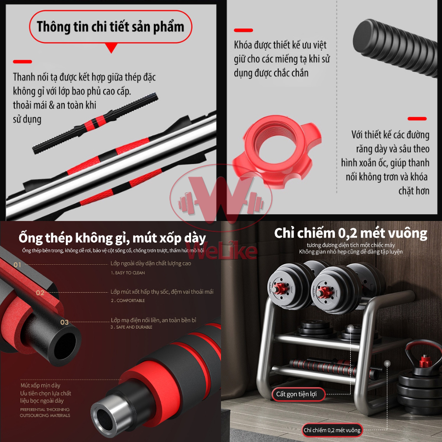 Tạ tay điều chỉnh Loại 1 Welike Bộ tạ miếng kết hợp đòn đẩy 4 trong 1 điều chỉnh 10kg 20kg 30kg ...