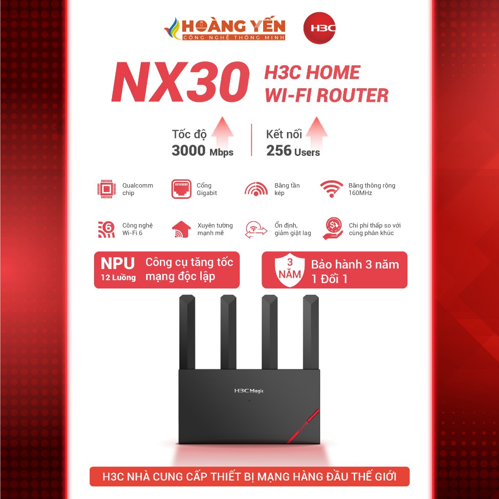 Bộ Phát Wifi Mesh Wifi 6 H3C NX30 (RC3000) Tốc độ 3000Mbps Cổng Mạng Gigabit Băng Tần Kép Chip ...