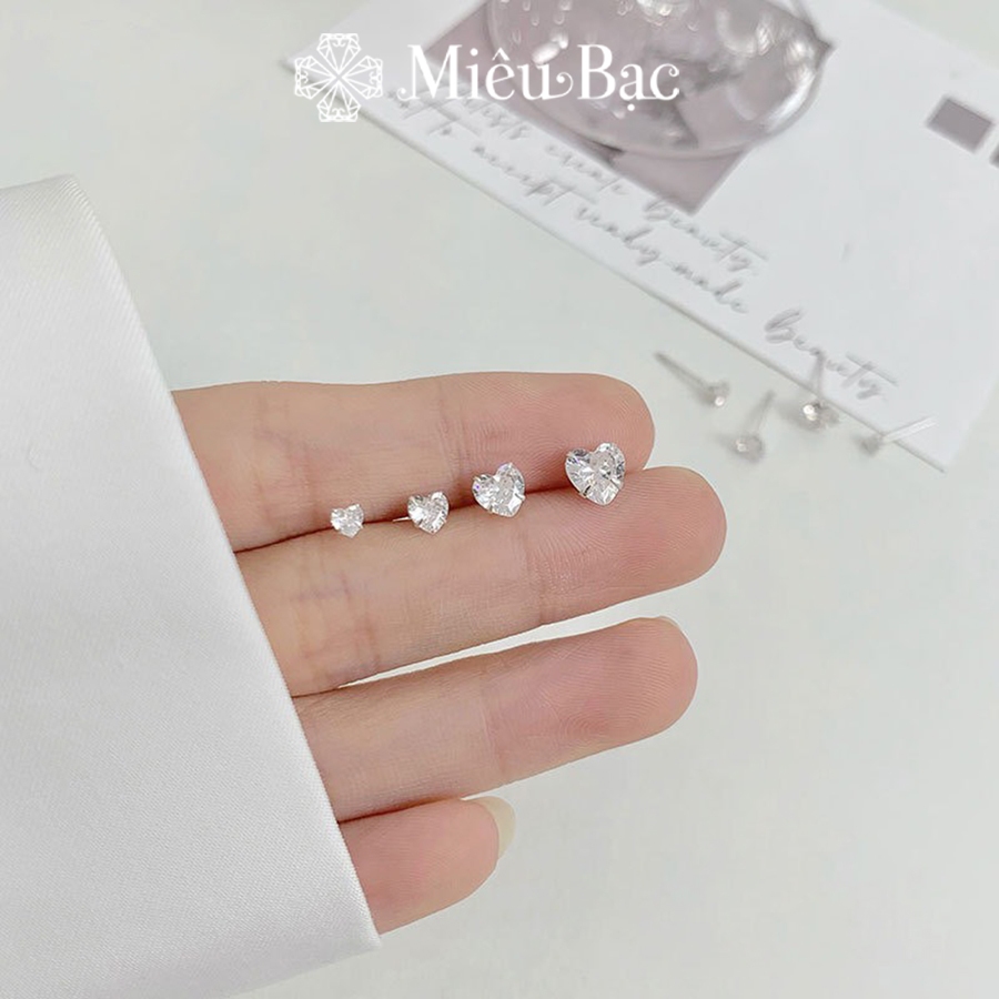Bông tai bạc nữ Miêu Bạc khuyên tai nụ đá trái tim chất liệu s925 phong cách dễ thương phụ kiện ...