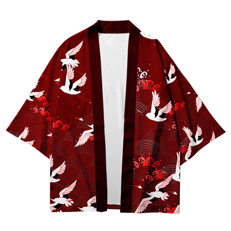 (Có sẵn) Áo khoác kimono haori happi chim hạc nền đỏ | Shopee Việt Nam