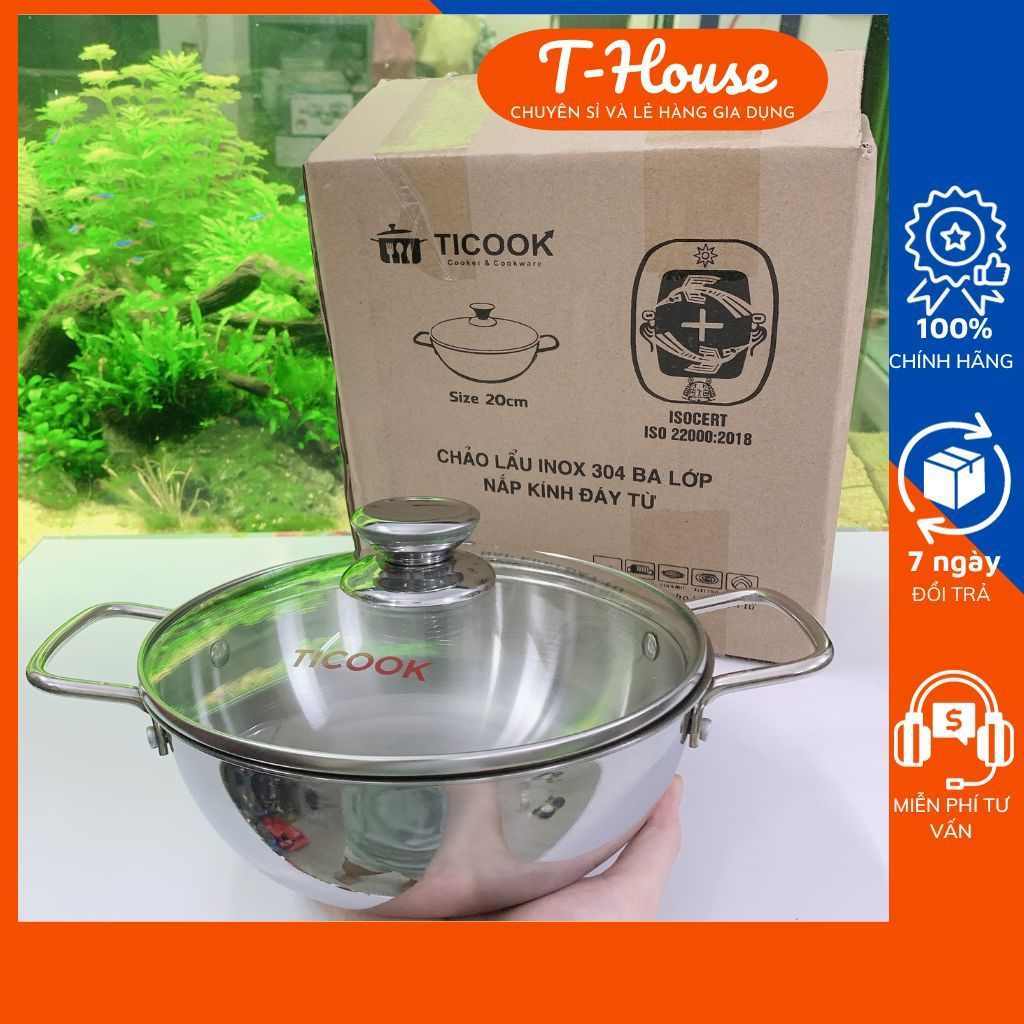 Nồi Lẩu inox 304 TiCook-Chảo Lẩu inox 304 3 lớp đáy từ nắp kính ...