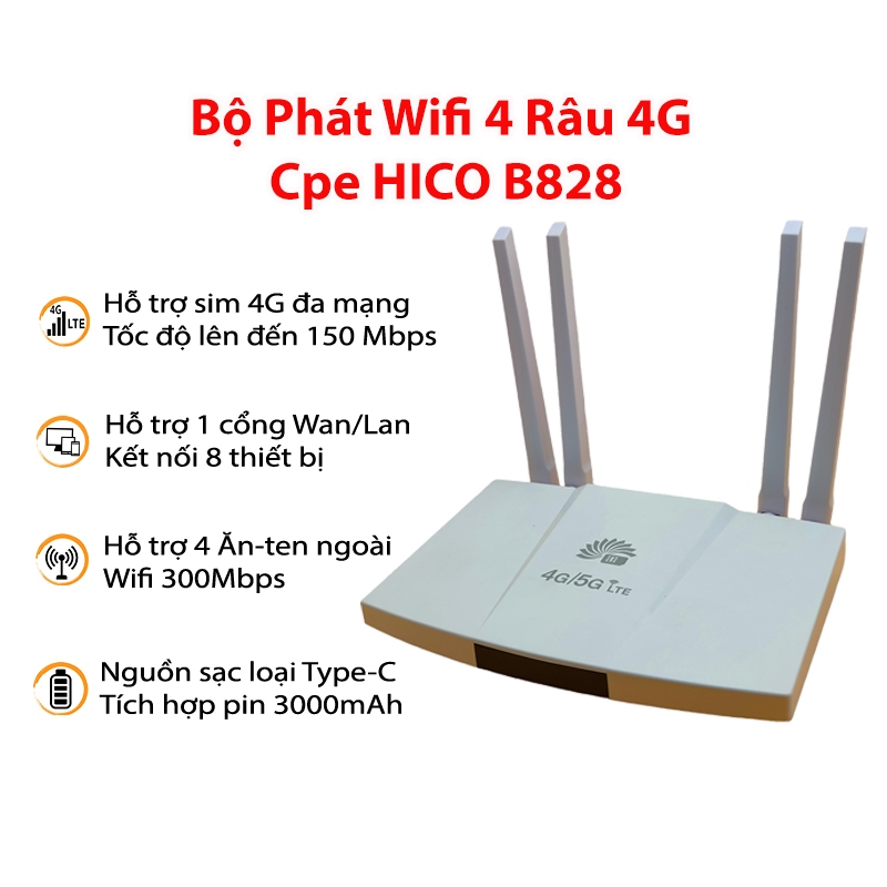 Bộ Phát WiFi 4G Cpe HICO B828 – 4 Anten, Tốc Độ Download Lên Tới 150 Mbps, Nguồn Type-C, Kèm Pin ...