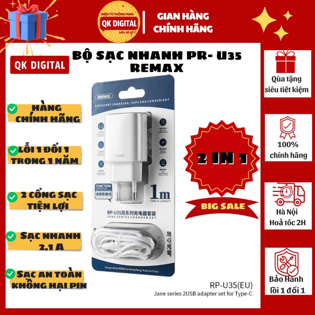 Bộ Củ Cáp Sạc Nhanh RP-U35 Remax, Sạc Nhanh Tích Hợp 2 Cổng Sạc Tiện Ích, Sạc An Toàn, Ổn Định ...
