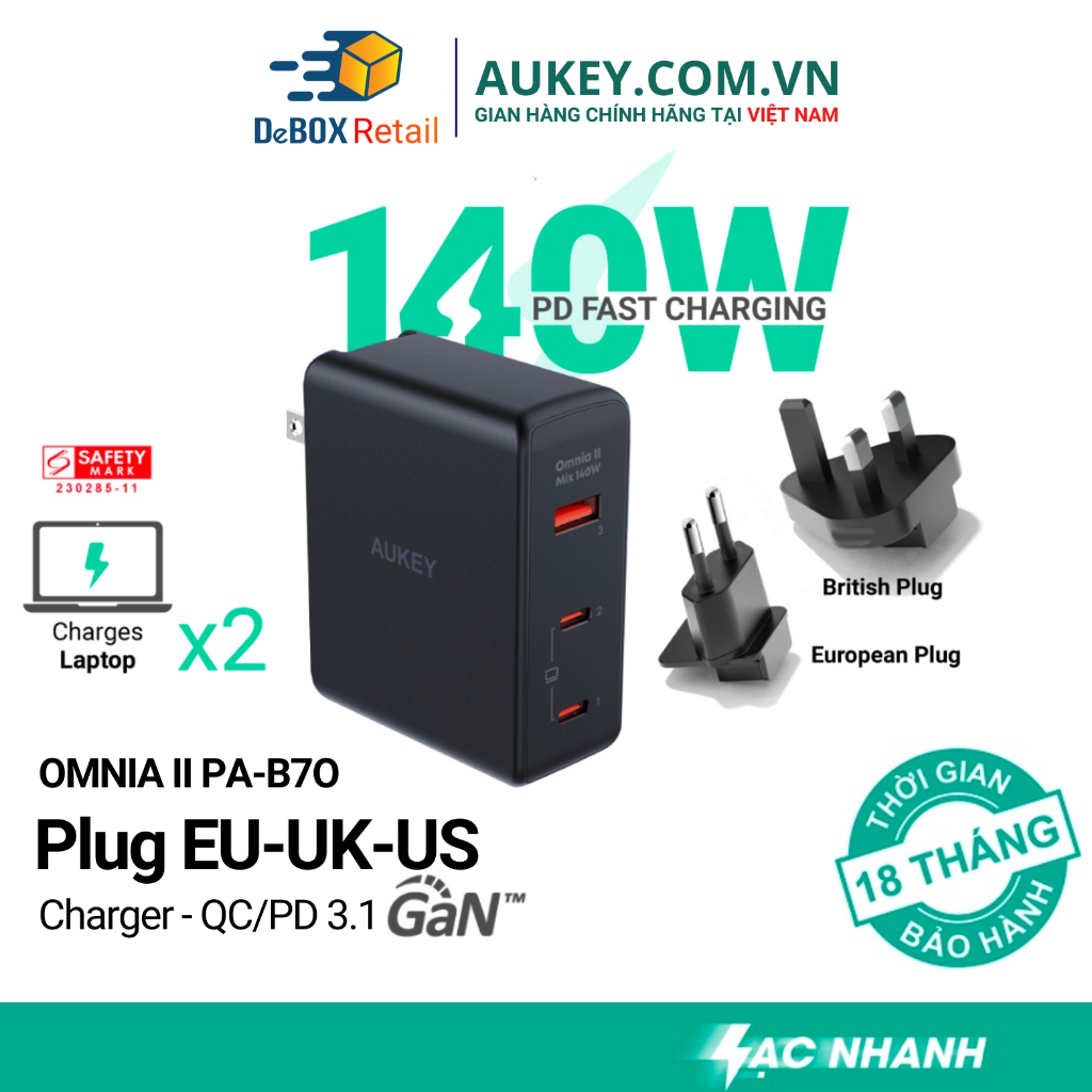 Bộ Sạc đa năng du lịch AUKEY PA-B7O Omnia II Mix 140W, 3 cổng GaN PD 3. ...