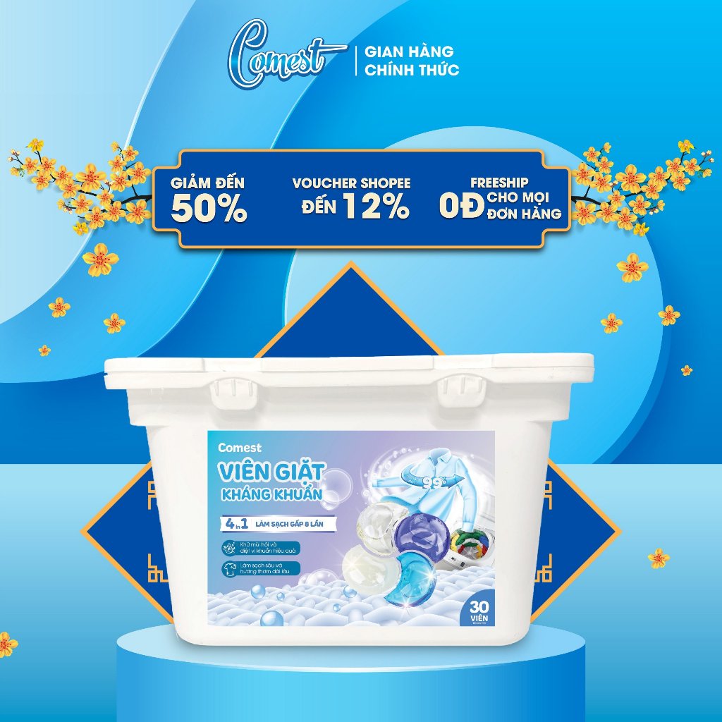Hộp Viên Giặt Xả Comest 4 Trong 1 Hương Nước hoa Thơm Mát (30 Viên/Hộp ...