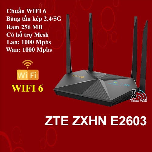 Bộ phát wifi Router wifi ZTE zxhn E2603,wifi 6,có mesh,ax1800 wifi dual band 2 băng tần,4 râu ...
