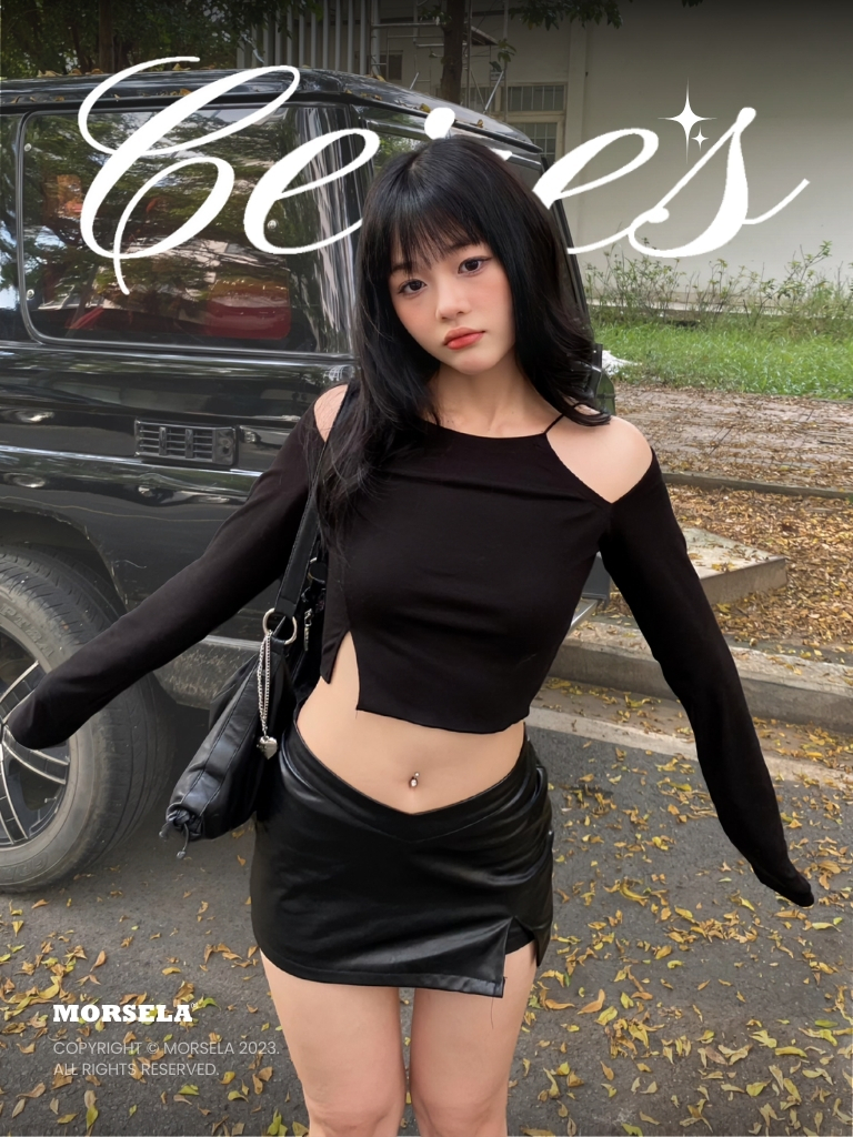 MORSELA® chính hãng - Áo croptop nữ kiểu tay dài CERES form ôm khoét vai xẻ tà phong cách cá ...