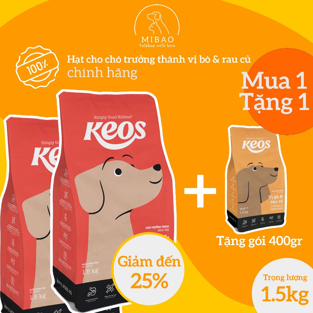 (1.5kg) MUA 1 TẶNG 1 Thức ăn hạt cho chó trưởng thành KEOS vị bò và rau củ | Shopee Việt Nam