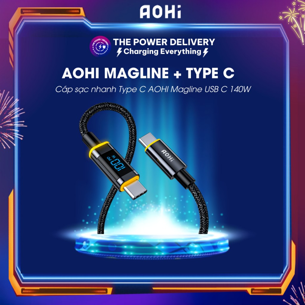 Cáp sạc nhanh Type C AOHI Magline USB C Nylon 140w AOC-L010 bện dù siêu bền bỉ, màn hình hiển ...