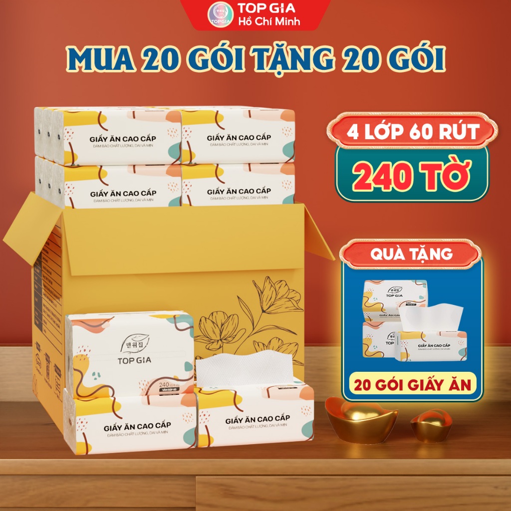 Giấy ăn rút Topgia đa sắc thùng 20 gói gấu trúc 240 tờ 4 lớp dày dặn ...