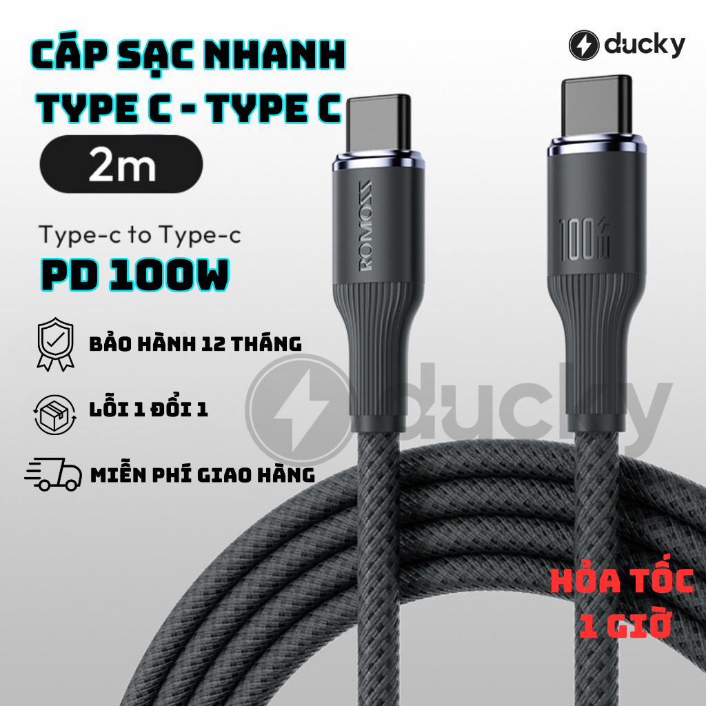Cáp sạc nhanh 100W Type C - Type C dài 2m ROMOSS Chất Liệu Bọc Dù Cao Cấp, Siêu Bền, Giá Rẻ ...