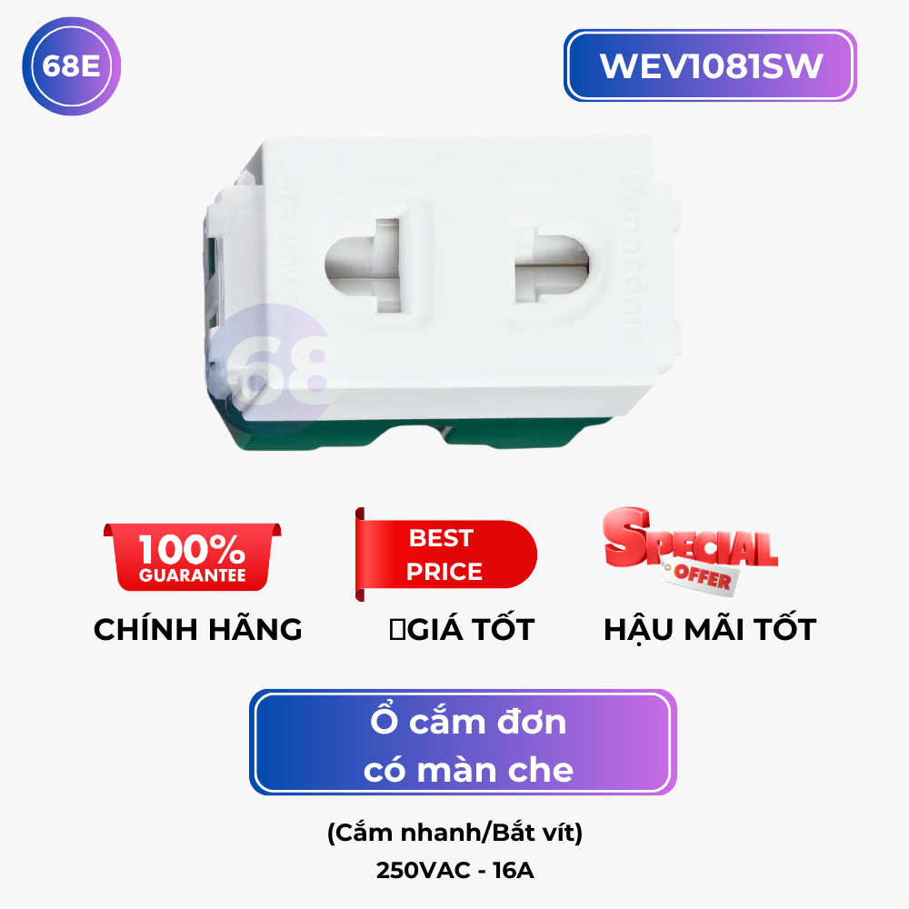 Ổ cắm đơn có màn che Pana, 250VAC - 16A - WEV1081SW - Hàng Chính Hãng ...