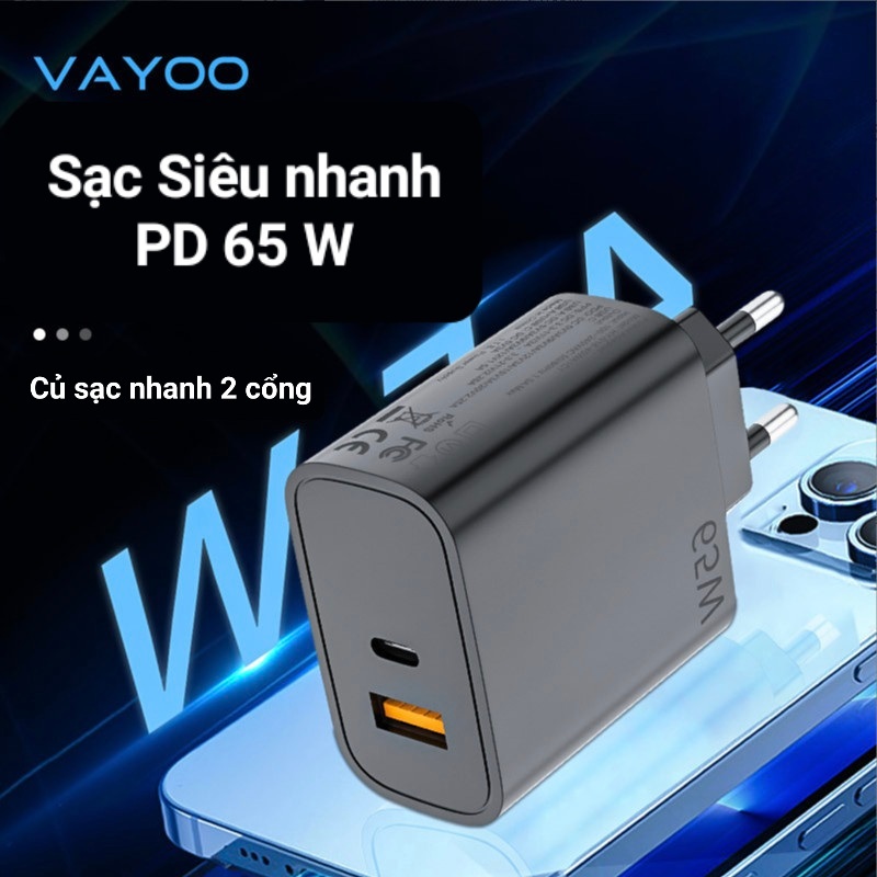 Bộ sạc Vayoo sạc nhanh PD PPS 65W 2 cổng USB A + Type-C Chuẩn GAN thích hợp sạc cho Laptop, máy ...