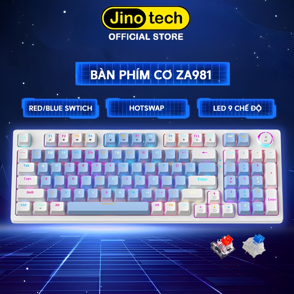Bàn phím cơ JINOTECH ZA981 98 Key - Hotswap - Blue/Red Swtich - Có nút điều chỉnh độ sáng - LED ...