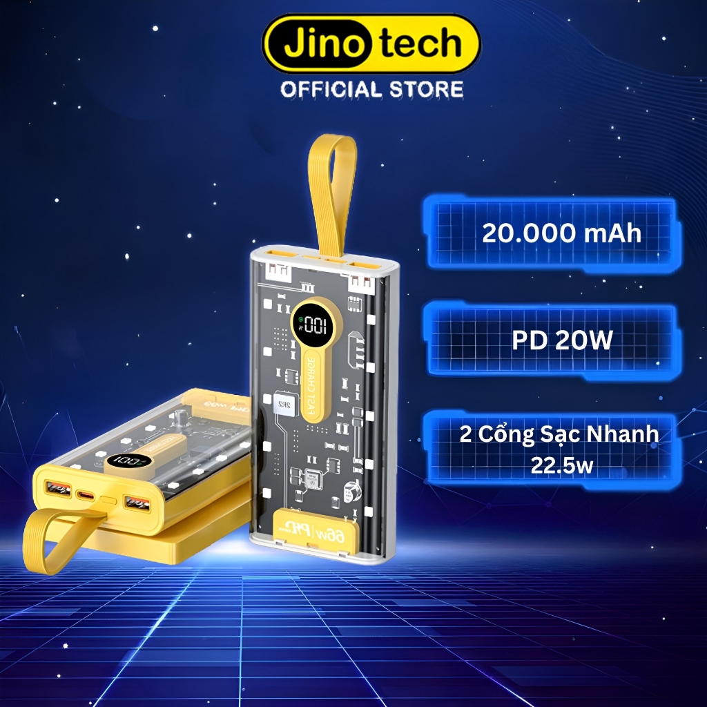 Sạc Dự Phòng Trong Suốt 20000mAh JINOTECH TZ07 Với 2 Cổng Sạc Nhanh 22.5w và PD 20W Kèm 4 Đầu ...