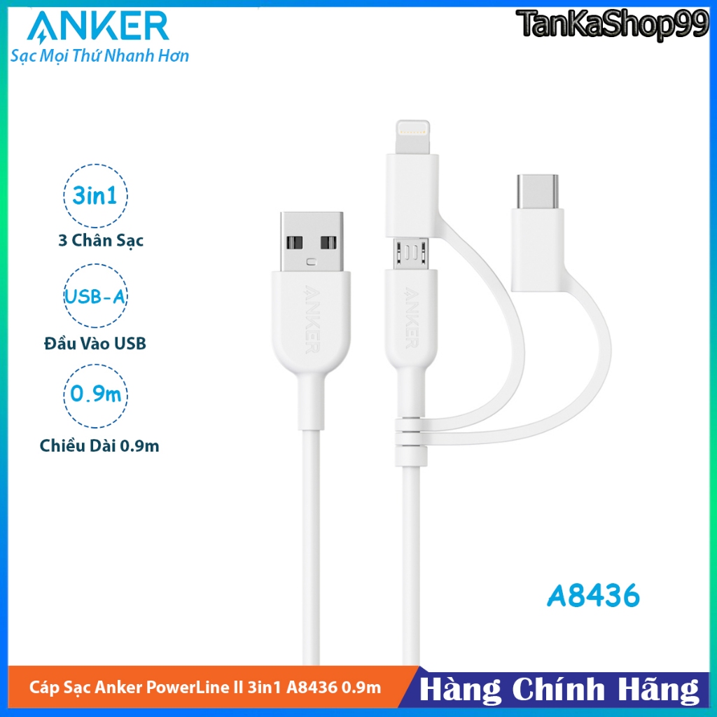 Cáp Sạc Anker Powerline II 3in1 0.9m A8436 USB-A to Micro + L + C ...