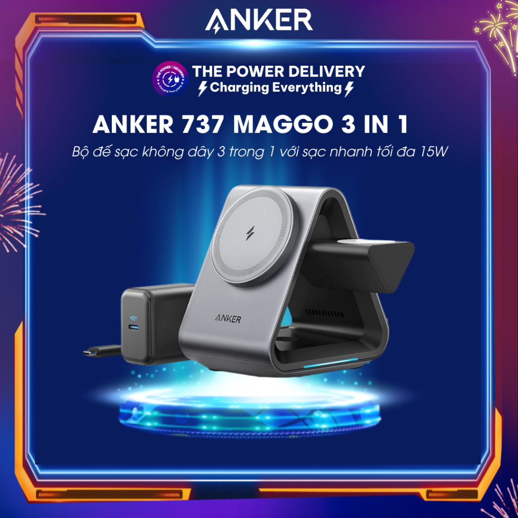 Bộ đế sạc không dây Anker 737 MagGo A2599 3 trong 1 với sạc nhanh tối ...