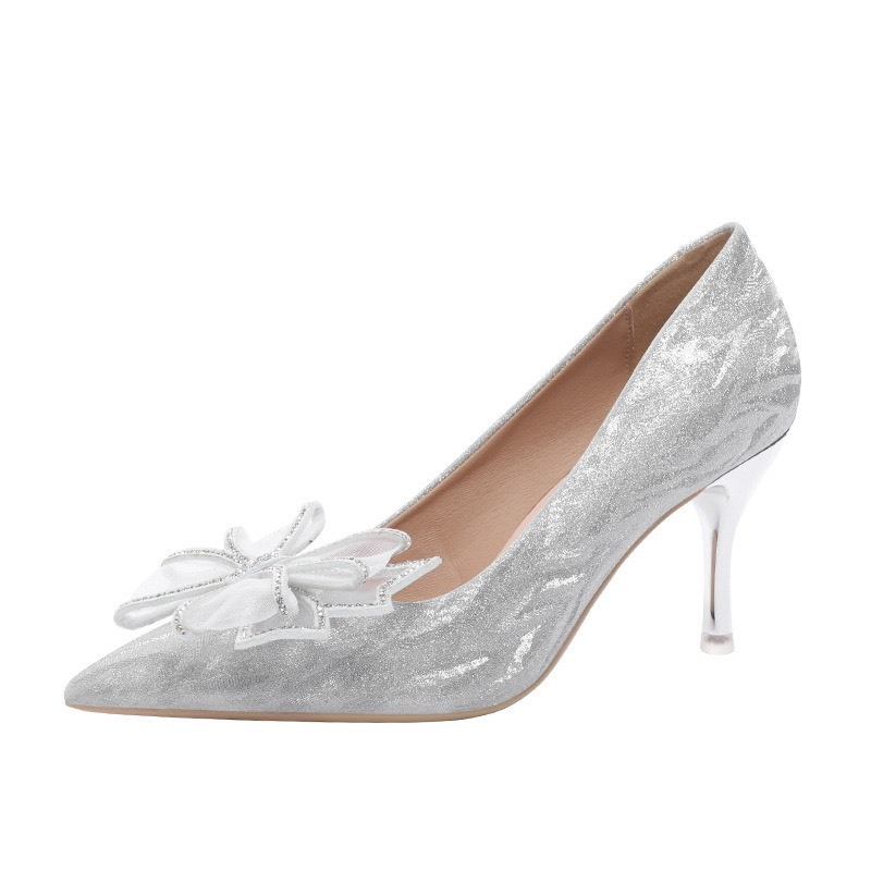 [FREESHIP] FORM RỘNG Giày cao gót dự tiệc 9cm mũi nhọn ánh kim đính nơ ...