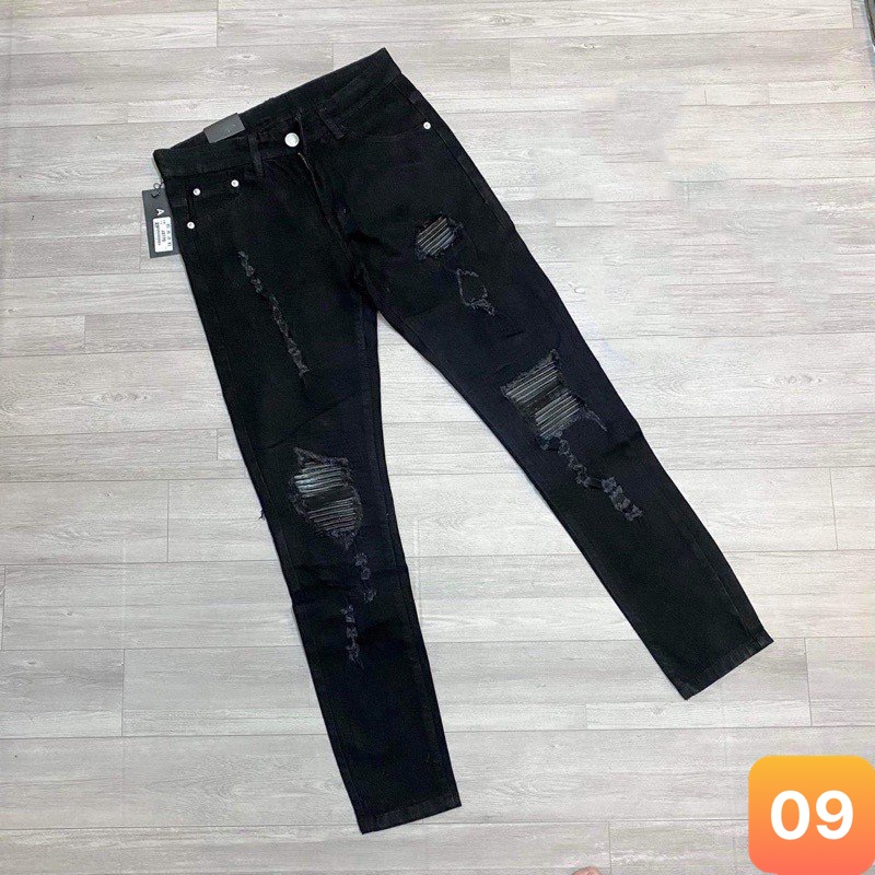 Quần jean nam boy phố rách vá gối màu đen đậm chất bò cao cấp co dãn 4 ...