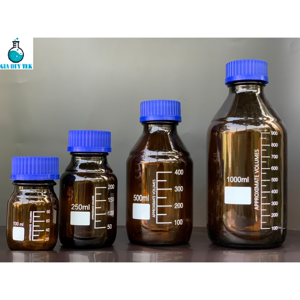 Chai nâu nắp vặn xanh 100ml 250ml 500ml, chai thuỷ tinh soda-lime đựng mẫu thí nghiệm, có chia ...