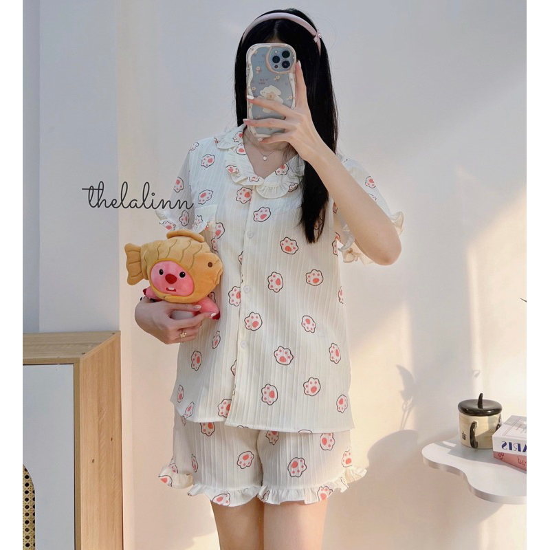 [ẢNH THẬT] Pijama thun gân hoạ tiết dễ thương. Bộ ngủ nữ pyjama thun gân xinh xắn | Shopee Việt Nam
