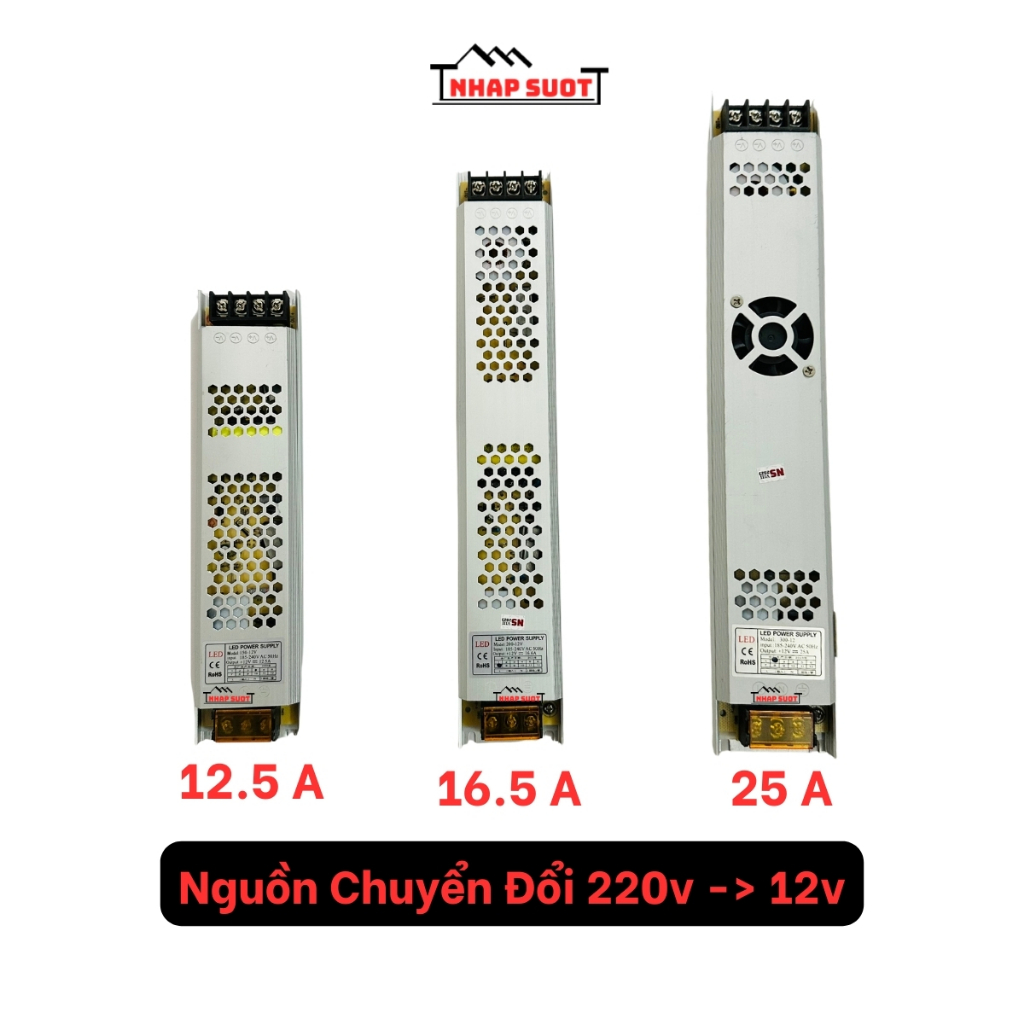 Nguồn mỏng dẹt 12V 12.5A 16.5A 25A, 150W 200W 300W thiết kế tổ ong, tản nhiệt tốt, dùng cho các ...