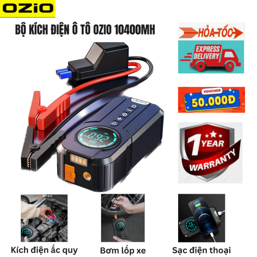 Bộ kích điện ô tô kiêm bơm lốp Ozio,Kích bình ắc quy ô tô,Kích bình xe hơi an toàn, Kích nổ ô tô ...