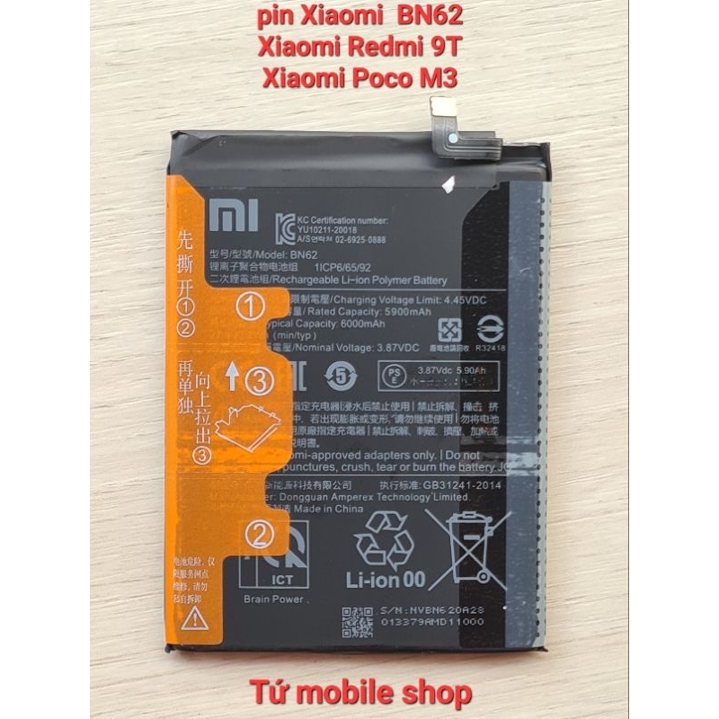 Pin Xiaomi Redmi 9T , Xiaomi Poco M3 , mã pin BN62 , dung lượng pin ...