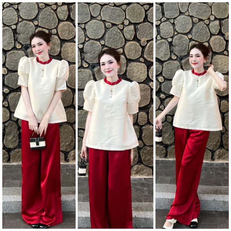 SÉT ÁO TAFTA KEM FORM RỘNG CỔ TÀU ĐỎ + QUẦN SUÔNG ĐỎ | Shopee Việt Nam
