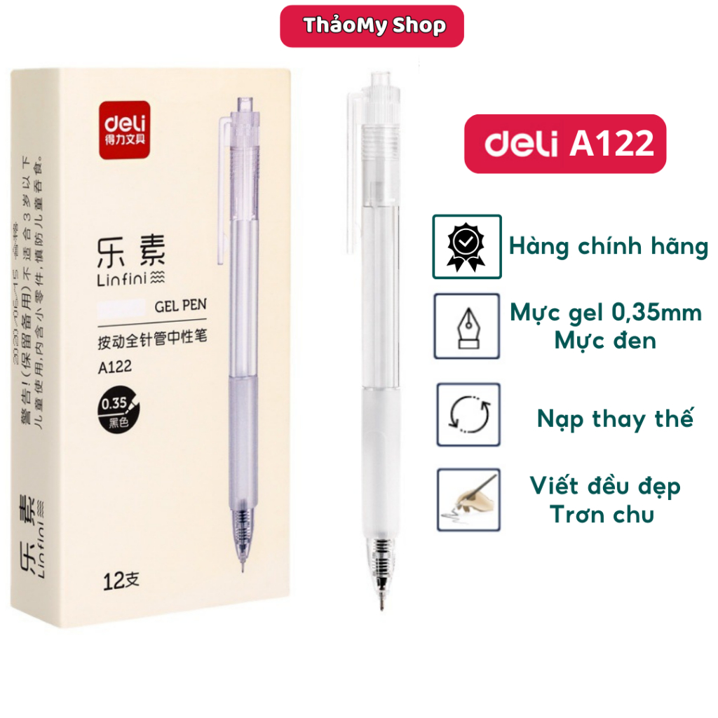 Bút bi bấm bút gel mực nước khô nhanh Deli A122 mực màu đen ngòi 0.35mm ...
