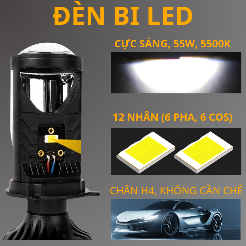 Đèn pha LED bi cầu T9 Pro mới 2024 dành cho ô tô xe máy, 12 nhân led, siêu sáng 55w, ánh sáng ...