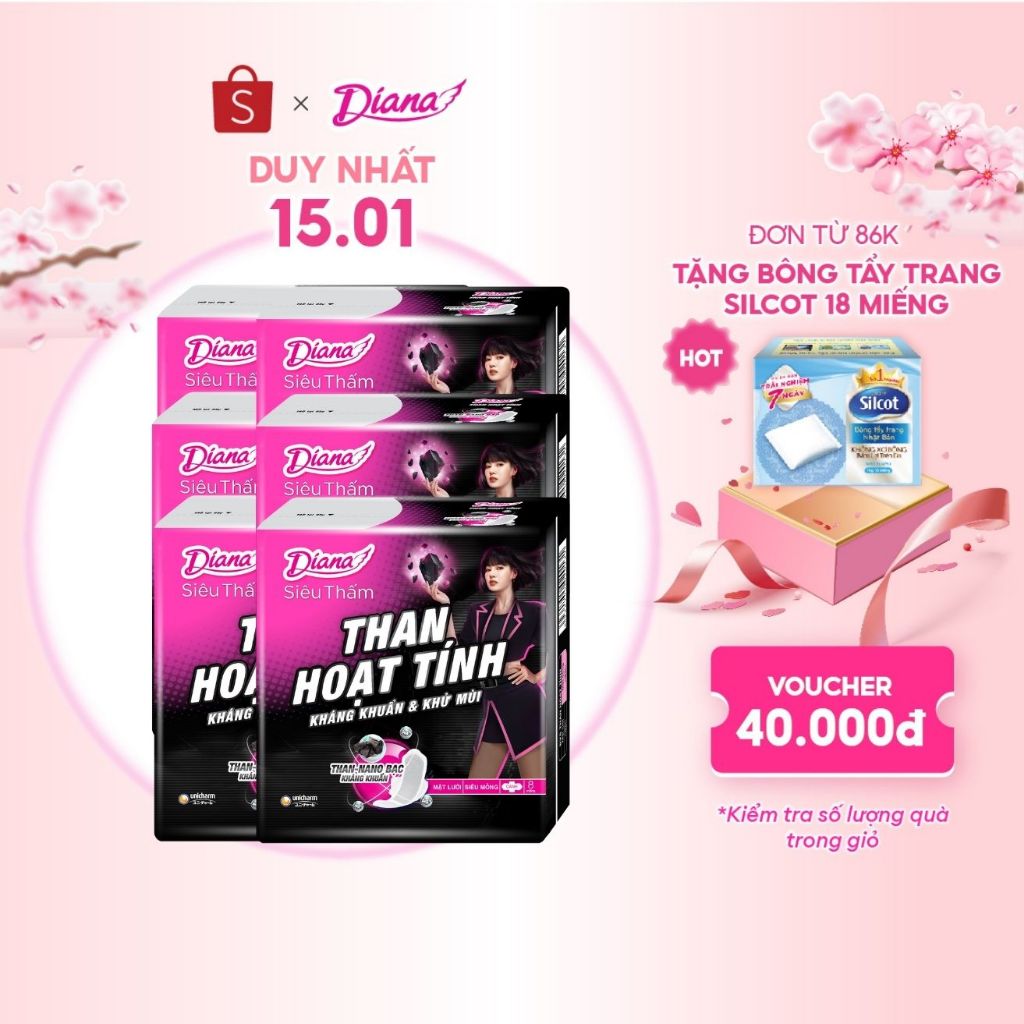 Bộ 6 gói băng vệ sinh Diana Siêu Thấm Than Hoạt Tính Siêu mỏng cánh 8 ...